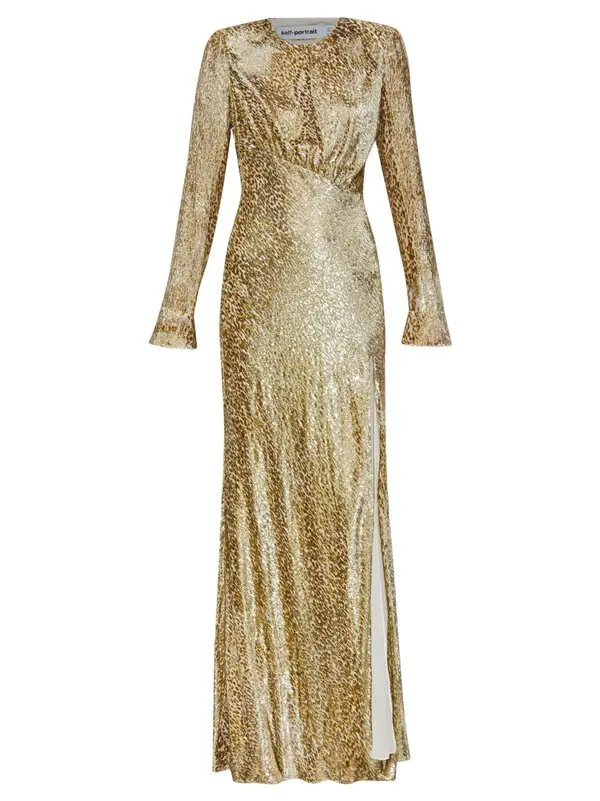 SELF-PORTRAIT Golden Jacquard Shoulder Pad Dress - Gold