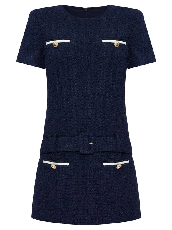 SELF-PORTRAIT Tweed Mini Dress With Decorative Pockets - Navy Blue