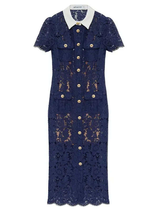 SELF-PORTRAIT Lace Midi Dress With Pockets - Navy Blue