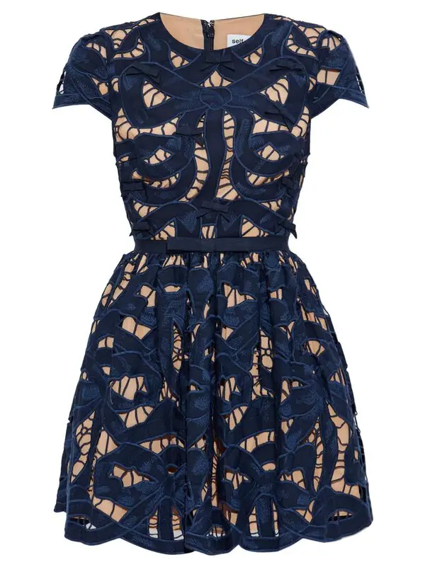 SELF-PORTRAIT Short-sleeve Embroidered Dress - Navy Blue