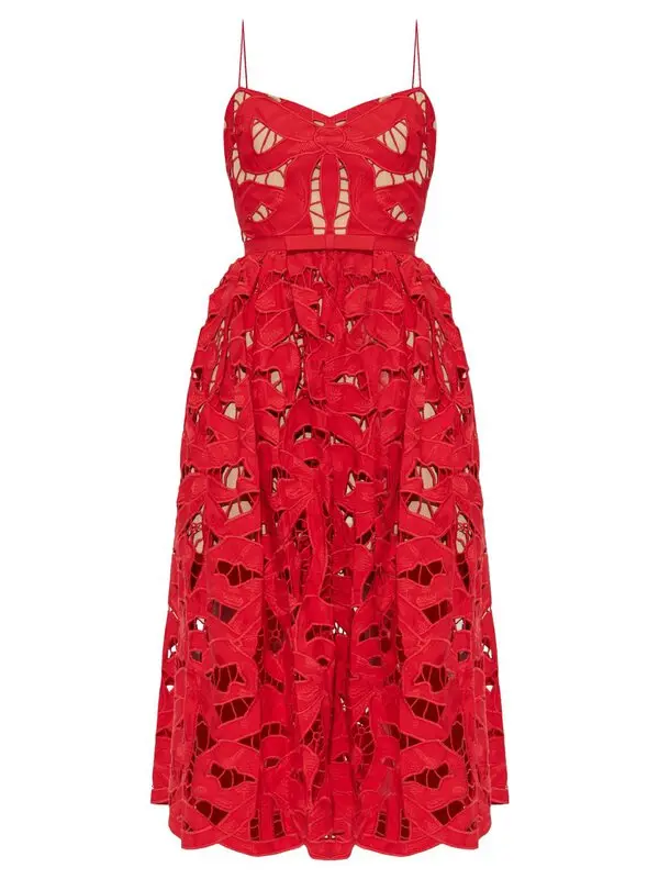 SELF-PORTRAIT Strappy Floral Embroidered Midi Dress - Red