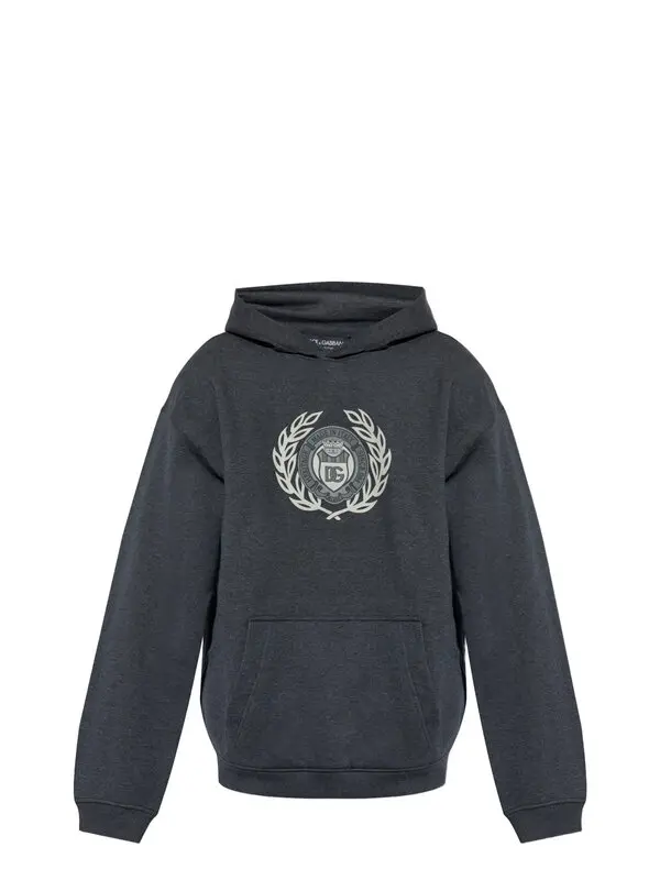 Dolce & Gabbana Hooded Cotton Sweatshirt With Crest Wreath Logo - Grey