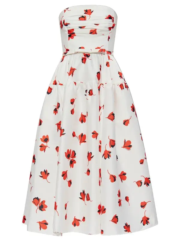 SELF-PORTRAIT Floral Print Strapless Midi Dress - White