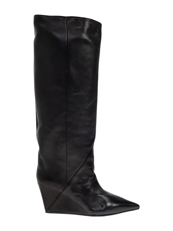 VIC MATIE Leather Wedge Knee High Boots - Black
