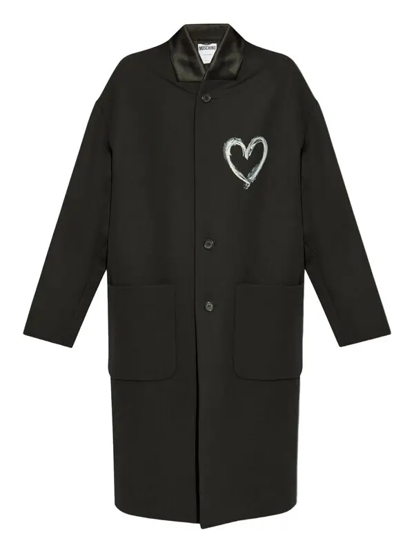 Moschino Heart Print Wool Blend Coat - Black