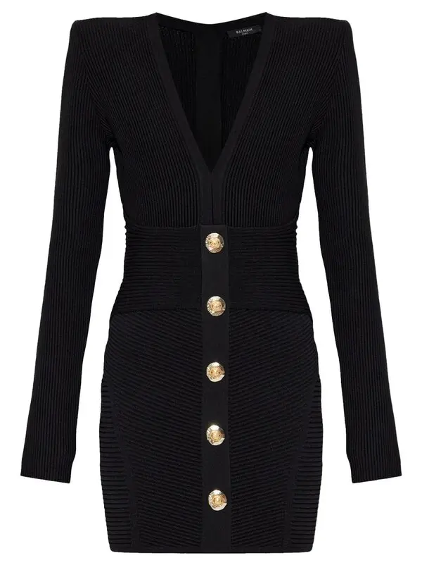 Balmain Ribbed Bodycon Mini Dress With Gold Button Detail - Black