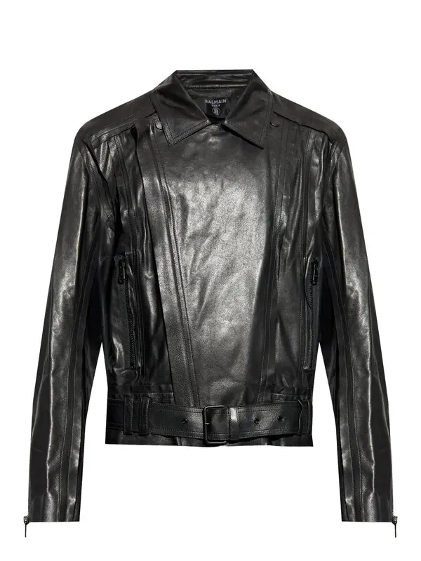 Balmain Lambskin Leather Biker Jacket - Black