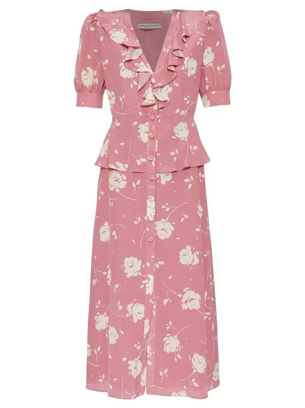 Alessandra Rich Silk Floral Midi Dress - Pink