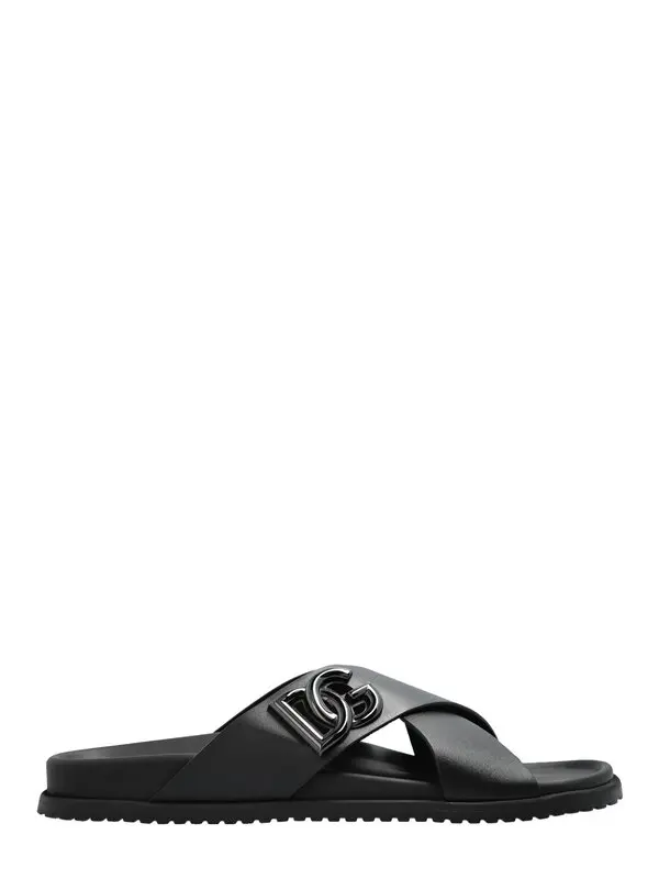 Dolce & Gabbana Leather Slides With Logo Appliqu - Black