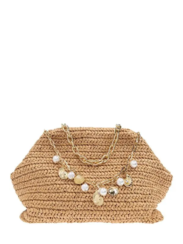 SELF-PORTRAIT Geometric Woven Handbag With Gold Chain - Beige