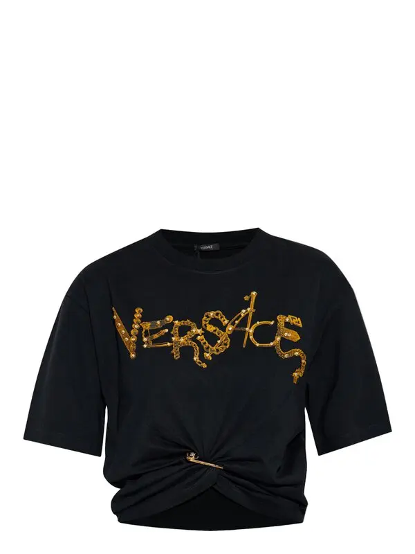 Versace Logo T-shirt With Gold Safety Pin Detail - Black