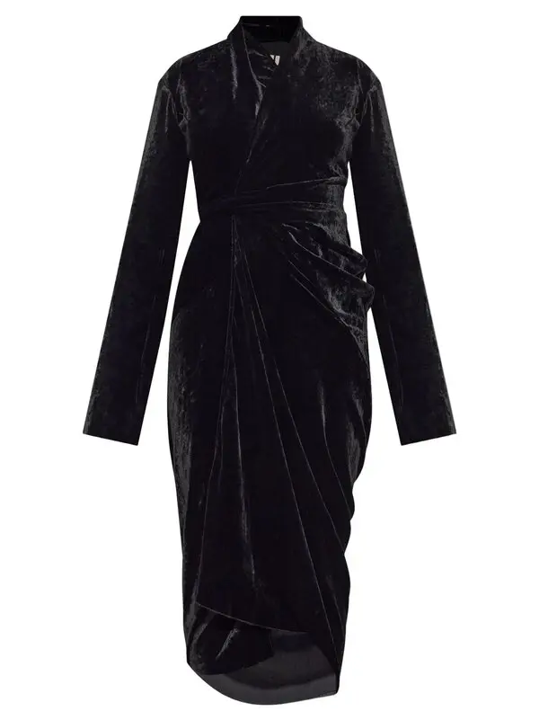 Rick Owens Velvet Midi Dress With Wrap Tie - Black