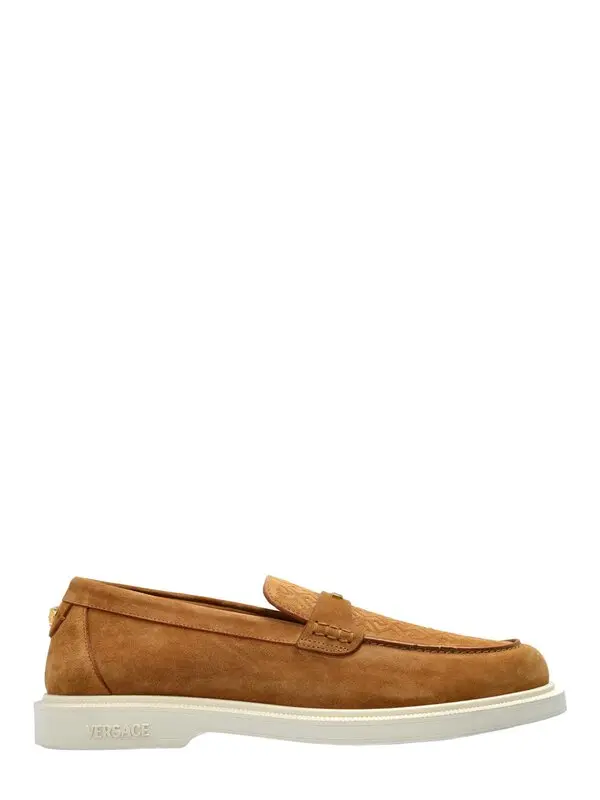 Versace Suede Loafers With Gold Logo Accent - Brown