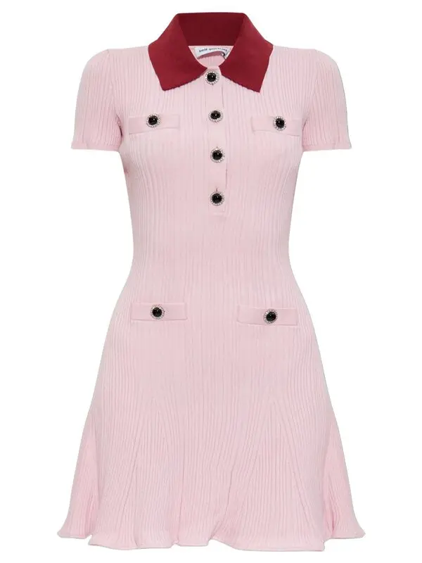 SELF-PORTRAIT Ribbed Knit Mini Dress With Contrast Collar - Pink