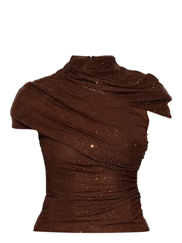 SELF-PORTRAIT Shimmering Appliqué Top - Brown