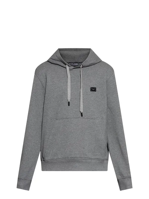 Dolce & Gabbana Cotton Hoodie With Logo Plaque - Grey
