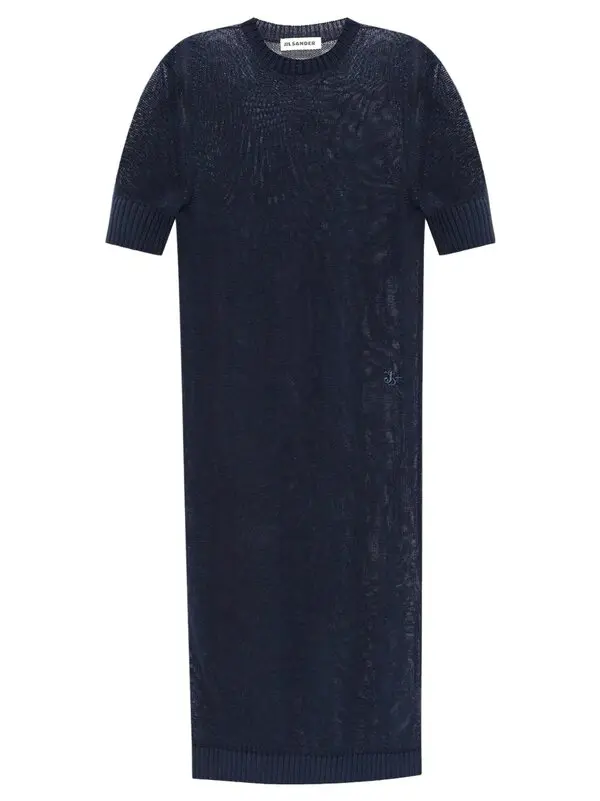 JIL SANDER Cotton Midi Dress With Embroidered Logo - Navy Blue