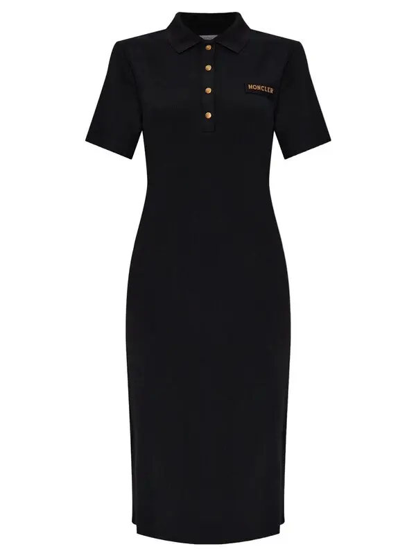 Moncler Ribbed Midi Dress With Logo Patch - Black