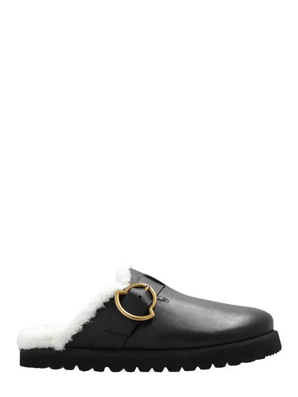 Moncler Leather Slides With Fur Trimming - Black