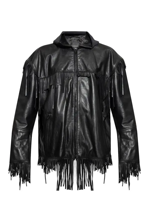 Balenciaga Leather Hooded Jacket With Fringe Detail - Black