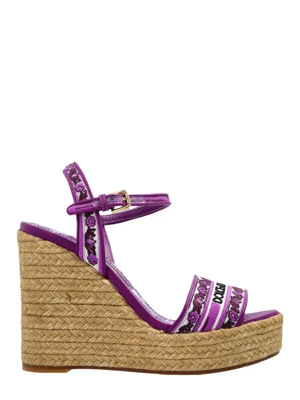 Dolce & Gabbana Braided Wedge Sandals With Floral Embellishments - Purple