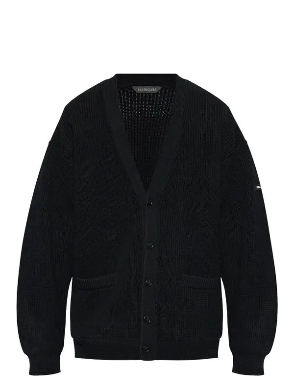Balenciaga Wool Knit Cardigan With Logo Patch - Black