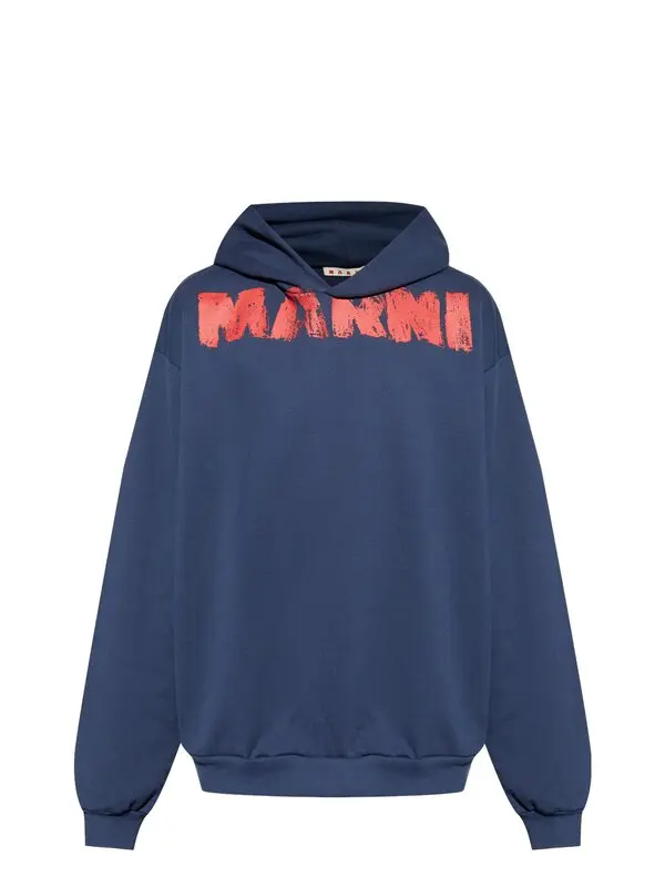 Marni Hooded Cotton Knit Sweatshirt With Logo - Navy Blue