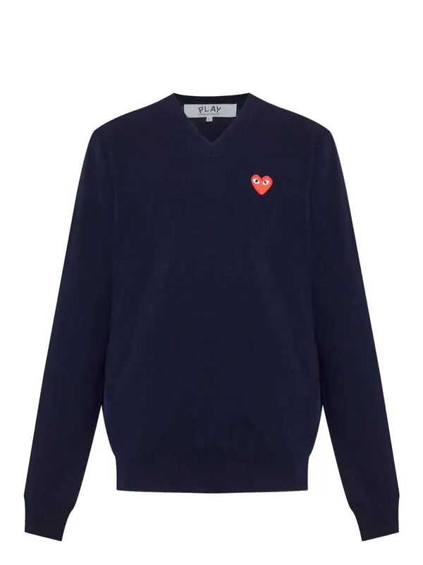 Play Comme Des Garcon V-neck Wool Sweater With Heart Logo - Navy Blue