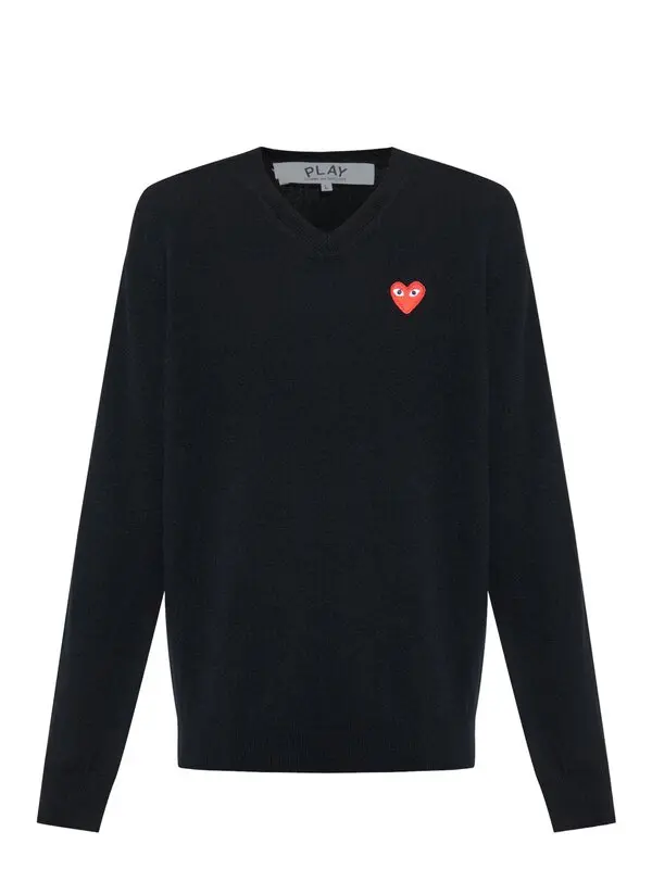 Play Comme Des Garcon V-neck Wool Sweater With Heart Patch - Black