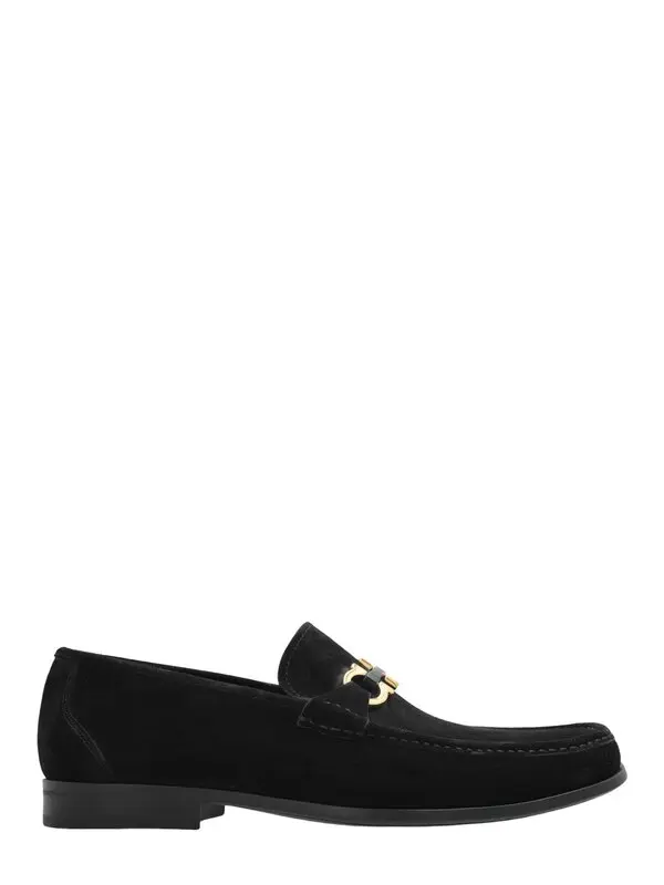 FERRAGAMO Suede Loafers With Gold Chain Detail - Black