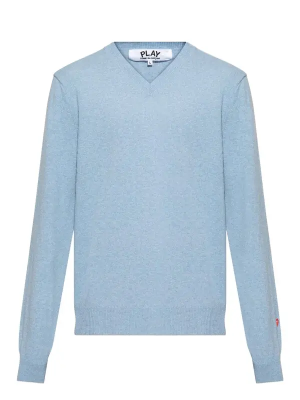 Play Comme Des Garcon V-neck Sweater With Heart Appliqu - Light Blue