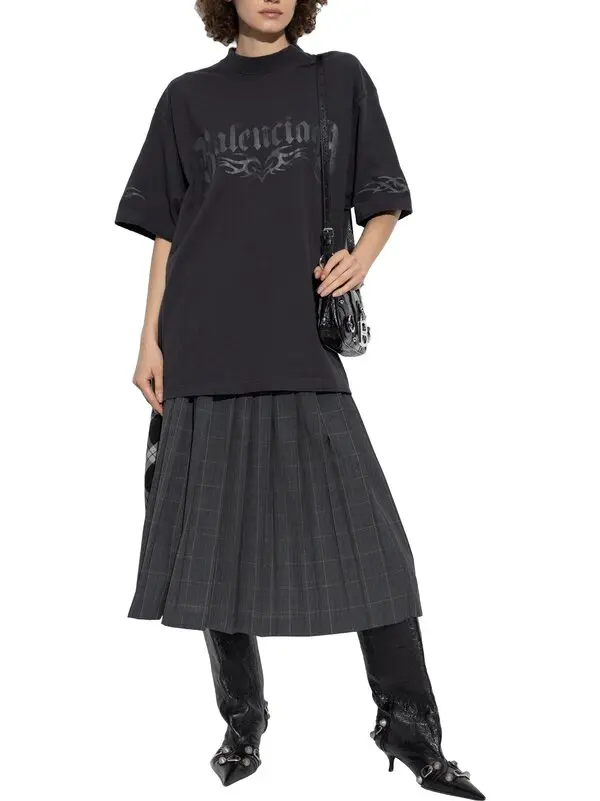 Balenciaga Plaid Pleated Mid-length Skirt With Logo Pouch - Grey