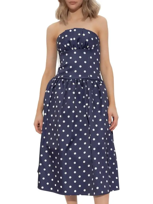 SELF-PORTRAIT Polka Dot Strapless Midi Dress - Navy Blue