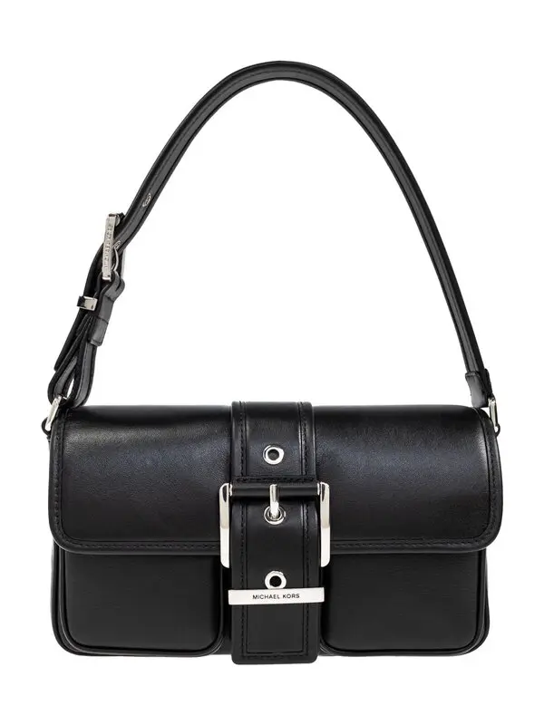 Michael Kors Full-grain Leather Shoulder Bag With Silver-toned Buckle - Black