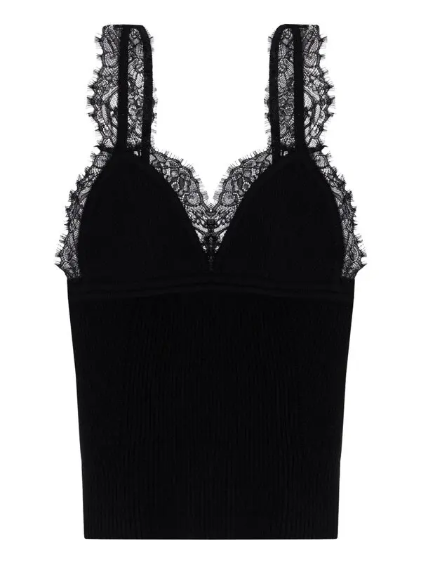 Blumarine Ribbed Knit Top With Lace Straps - Black