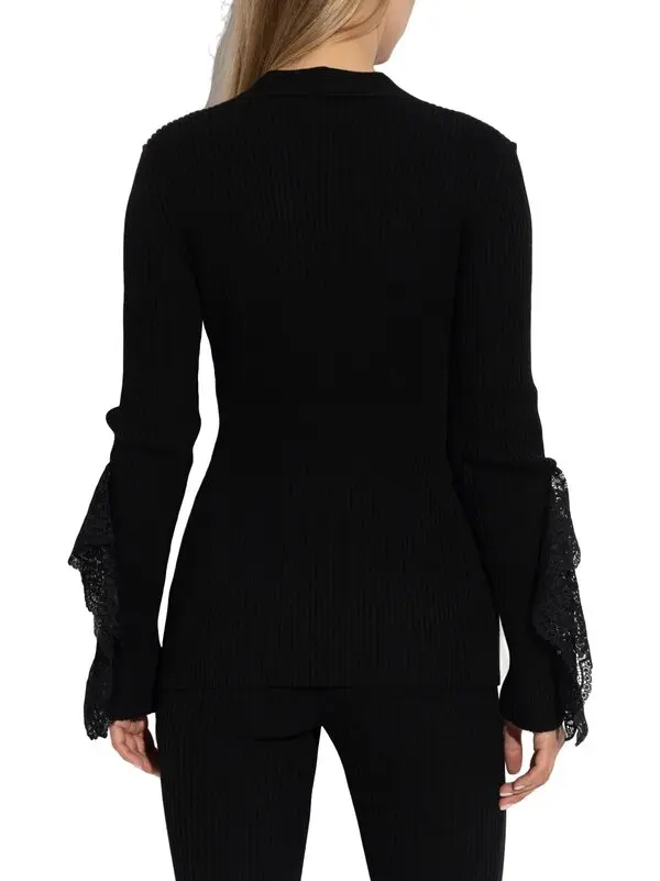Blumarine Ribbed Knit Cardigan With Lace Details - Black