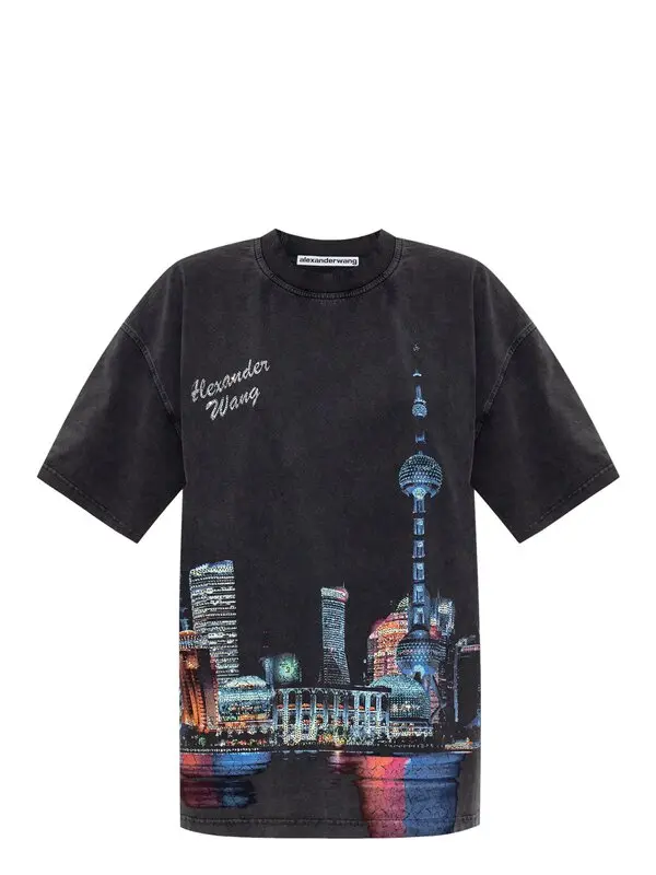 Alexander Wang T-shirt With Print And Shimmering Appliqués - Black