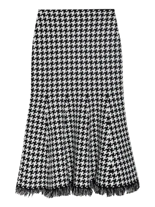 Alexander McQueen Houndstooth Tweed Midi Skirt With Fringe - Black
