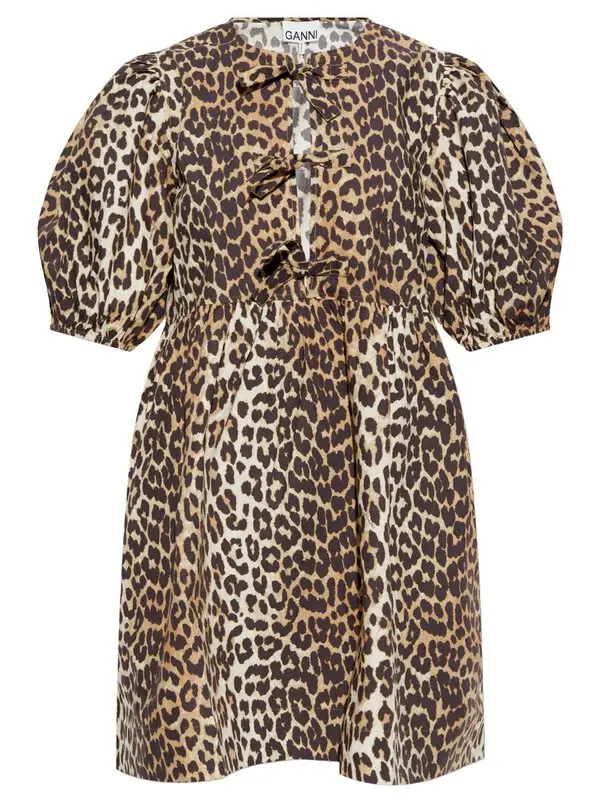 GANNI Animal Print Puff Sleeve Dress - Beige