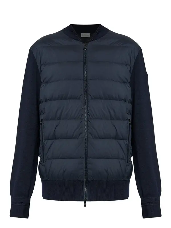 Moncler Quilted Front Wool-cashmere Cardigan - Navy Blue