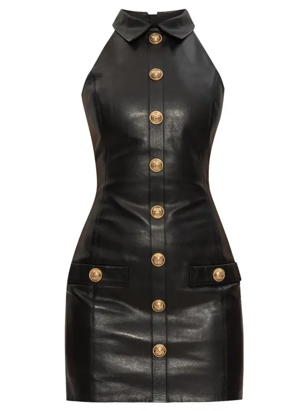 Balmain Lambskin Leather Mini Dress - Black