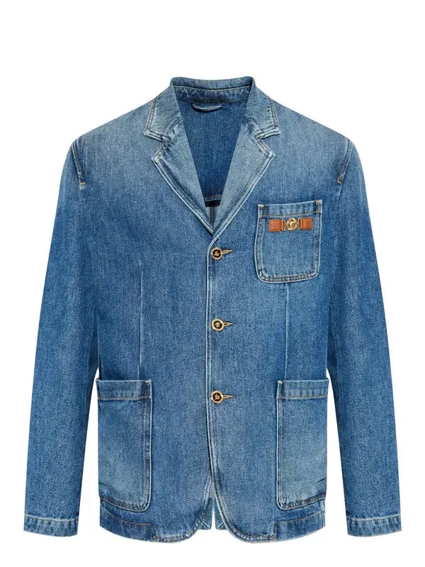 Versace Denim Blazer With Logo Appliqu - Blue