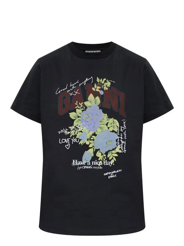 GANNI T-shirt With Floral Print - Grey
