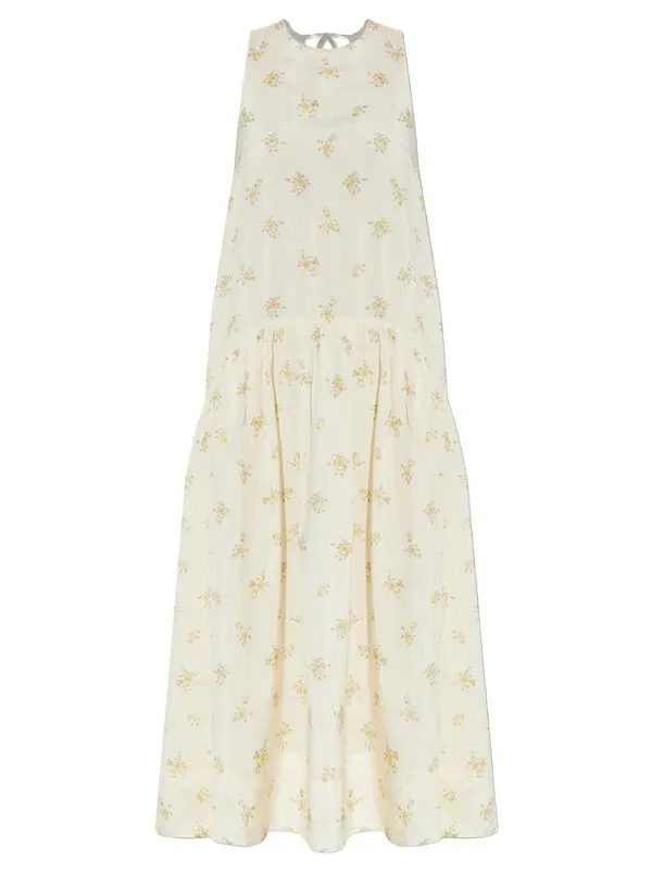 GANNI Floral Viscose Midi Dress - Cream