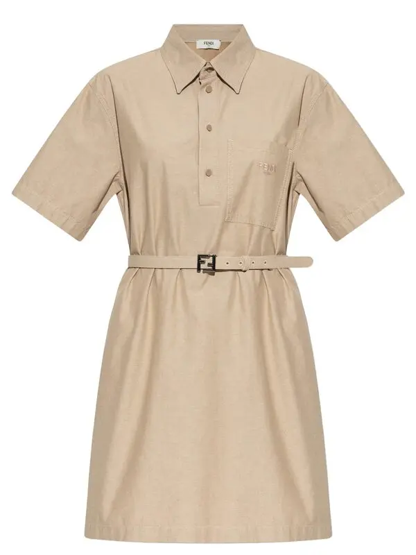 Fendi Belted Cotton Dress - Beige