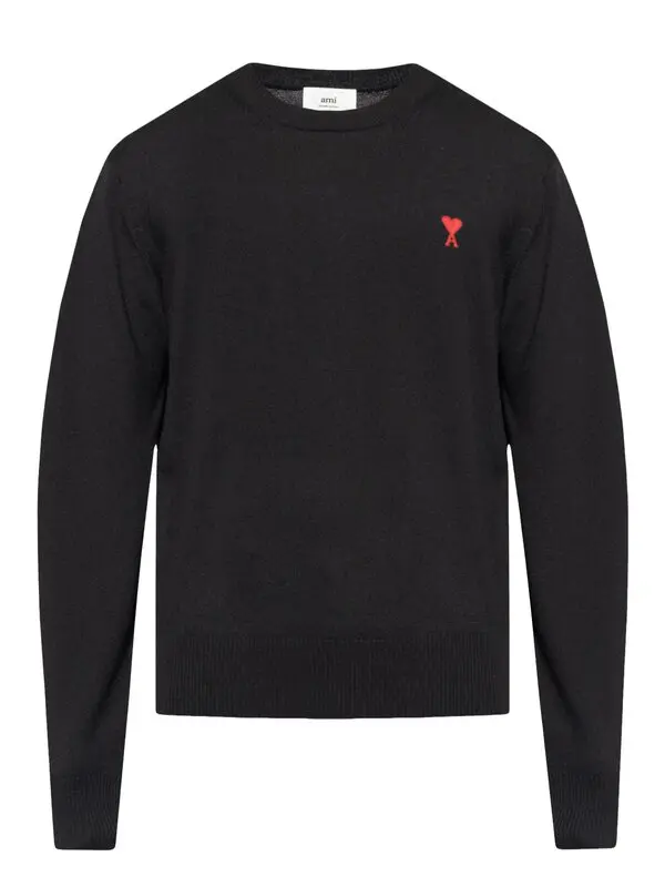 Ami Wool Sweater With Embroidered Logo - Black