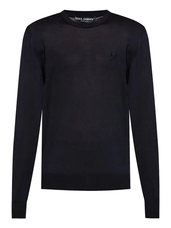 Dolce & Gabbana Silk Sweater With Embroidered Logo - Navy Blue
