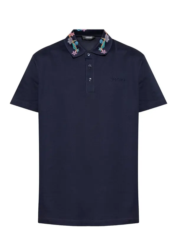 Versace Polo With Colorful Embroidery On The Collar - Navy Blue