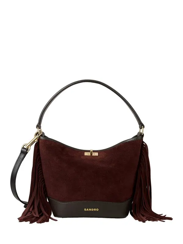 Sandro Mini Tangoso Fringed Bucket Bag - Mahogany