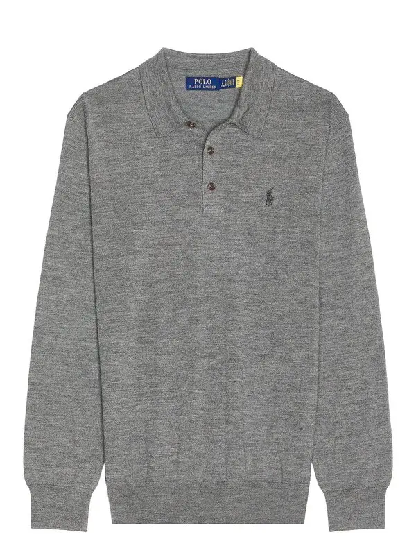 Polo Ralph Lauren Merino Wool Button Placket Polo Sweater In Grey - Fawn Grey Heather